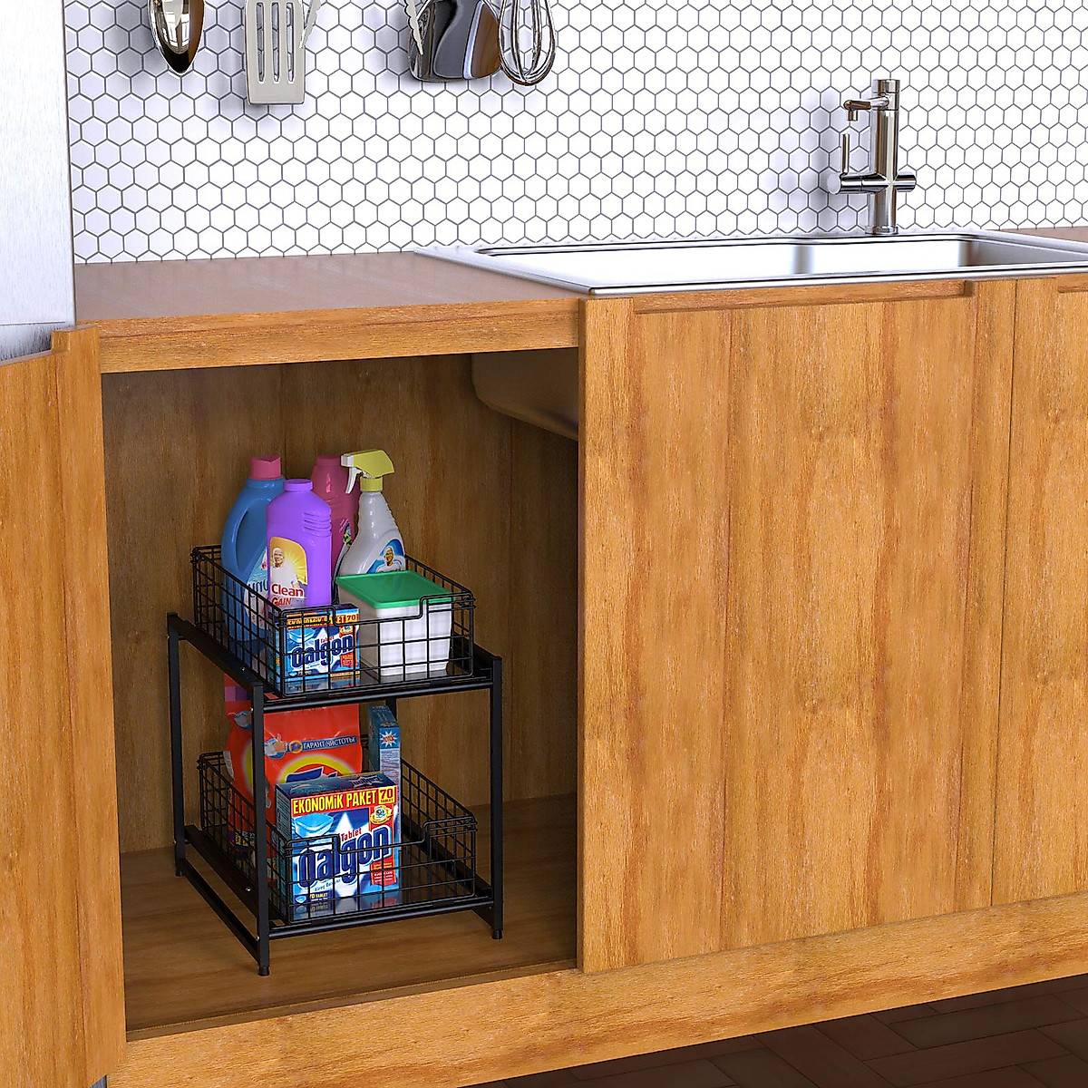 FavoThings Under Sink Cabinet Organizer 2-Tier Stackable Storage Shelf with Sliding Baskets Drawers for Kitchen, Bathroom, Office, Black