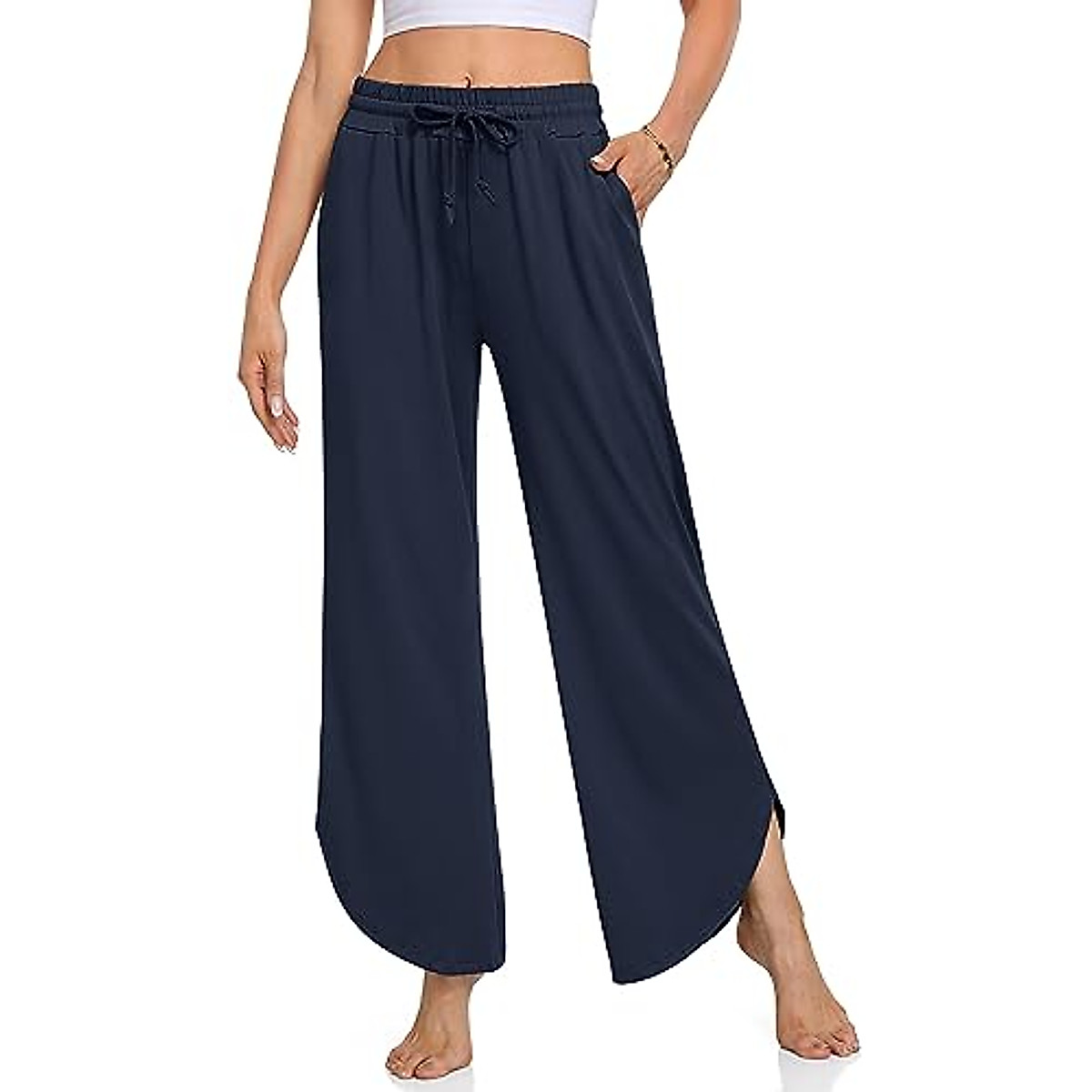 UEU Women's Yoga Pants Wide Leg Pants Adjustable High Waisted Loose Fit Comfy Palazzo Pants Navy Medium