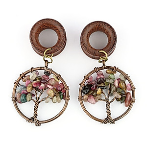 0G 8mm Multicolor Tourmaline Tree of Life Wood Dangle Ear Gauges Piercing Flesh Tunnels Plugs Stretching Kit Expander