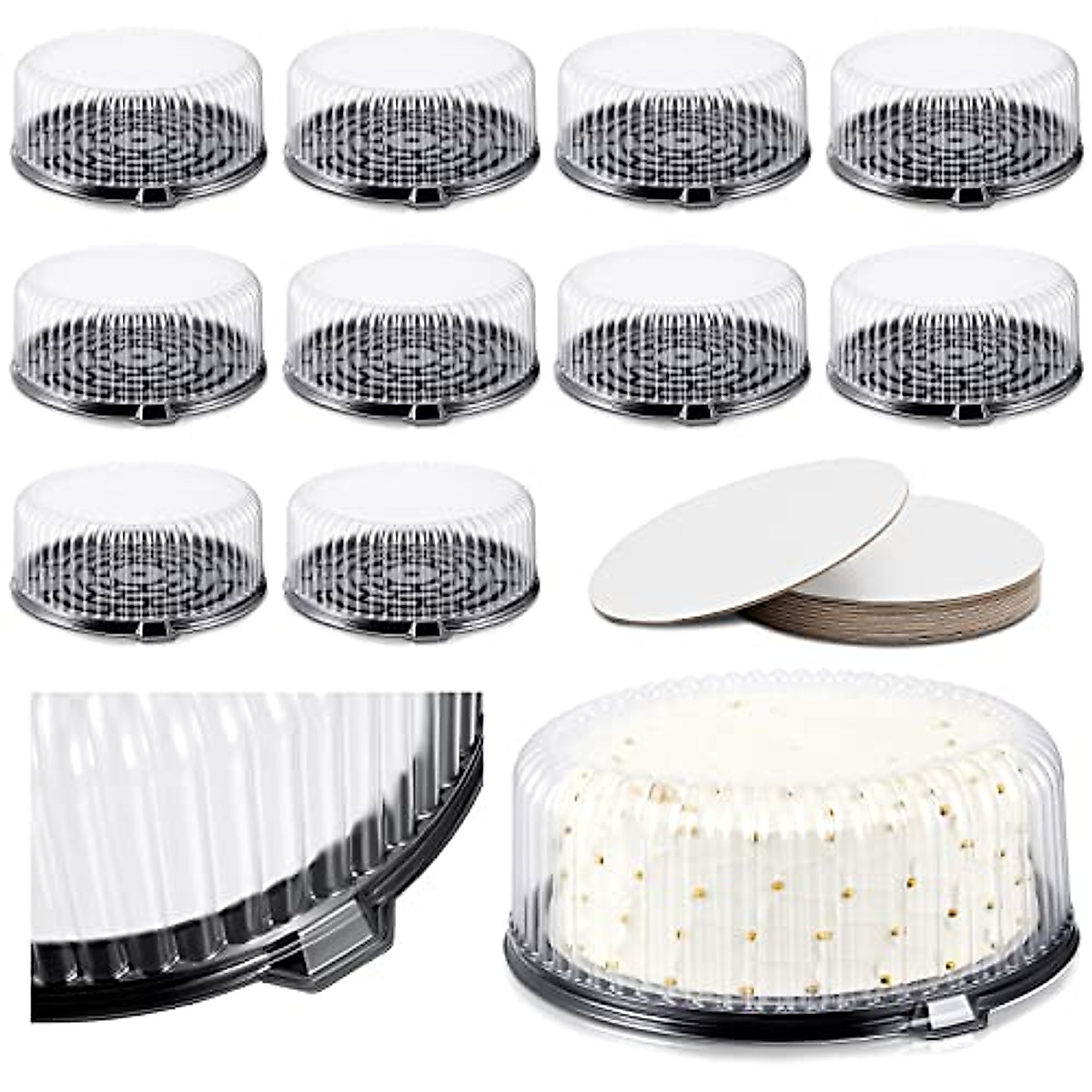 Tessco 10 Pieces 10-11 Inch Plastic Cake Containers with Lids and Thickened Cake Boards Round Cake Carriers Disposable Cake Holder with Lid Clear Cake Transport Container Clear Cake Box