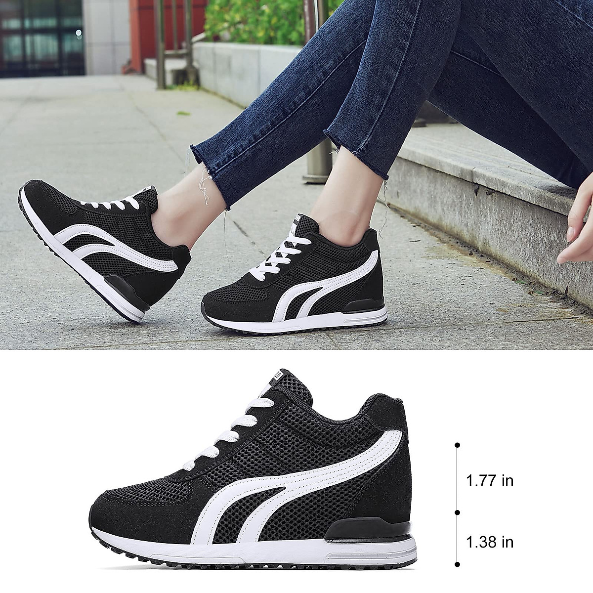 AONEGOLD Womens Hidden Wedges Shoes High Heeled Lightweight Mesh Sneakers Casual Walking Shoes Tennis Chic Black 42