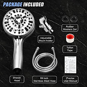 Likense High Pressure Shower Head with Handheld, 10 Spray Settings Water Saving Shower Heads with Stainless Steel Hose,Holder & PTFE Tape, Wider Silver Face for Tubs Tiles Walls Pets Cleaning