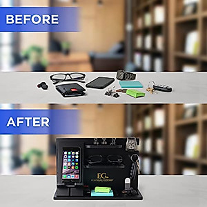 Wood Phone Docking Station Key Holder Wallet Stand Watch Organizer for Men Husband Dad - Anniversary Birthday Father Black Walnut