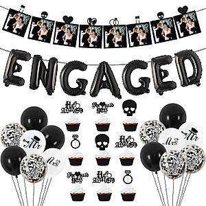 Gothic Engagement Party Decorations Glitter Skull Diamond Ring Photo Banner He Asked She Said Yes Cupcake Toppers Black Engaged Balloon Banner for Wedding Engagement Bridal Shower Party Supplies