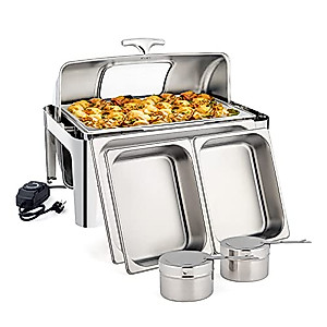 ROVSUN 9 QT Stainless Steel Chafing Dish Buffet Set with Electric & Fuel Heating,Roll Top Catering Chafer Server with Full Size & 2 Detachable Food Pans, Glass Lid for Party Wedding Banquet