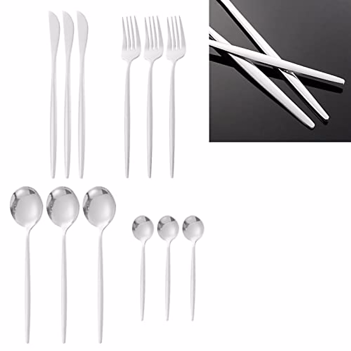 12pcs Tableware Set, 410 Stainless Steel Flatware Set Spoons Knives Forks with Comfortable Long Handle, Elegant Minimalist Appearance Cutlery Set for Picnics Camping Travel (silver)