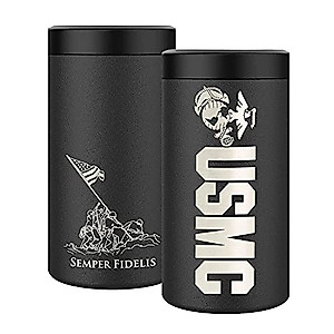 Marine Corps 4 in 1 Insulated Can Cooler, Stainless Steel Double-Walled Insulator for 12 oz Standard or Skinny Slim Cans, 12 Oz Beer Bottles & Mixed Drinks – Gifts for Marines