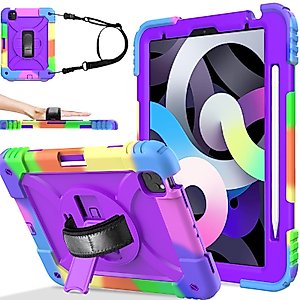 BMOUO iPad Air 5th/4th Generation Case (10.9”, 2022/2020), iPad Pro 11 Case 2022/2021/2020, Shockproof [360 Rotating Stand] [Hand Strap] [Pencil Holder] Kids Case for iPad Air 5/4,iPad Pro 11”, Purple