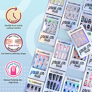 GLAMERMAID Black Press on Nails Medium Square, Tie Dye Gothic Fake Nails Tips Short Square, Ombre Color Oil Paint Glue on Nail Summer Glossy Gel Set, Reusable Acrylic False Nail Manicure Kit for Women