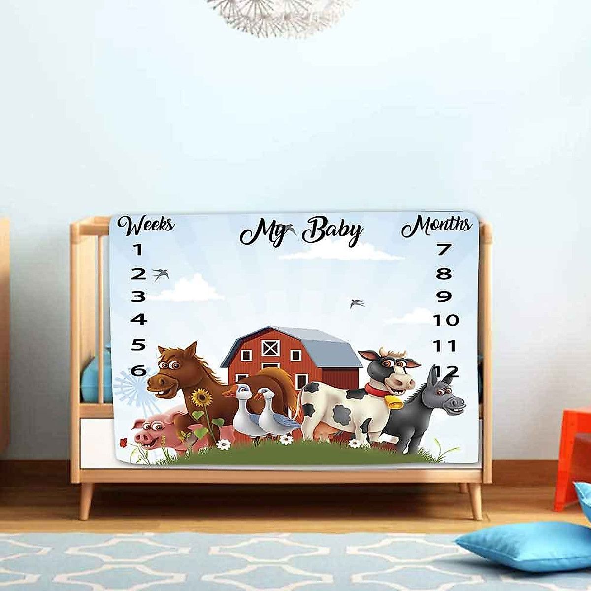 LYLYCTY Baby Monthly Milestone Blanket, Farm Theme Month Blanket for Newborn Baby Shower, Farm Animals Photography Background for Baby 48x40 inches BTCJLY13
