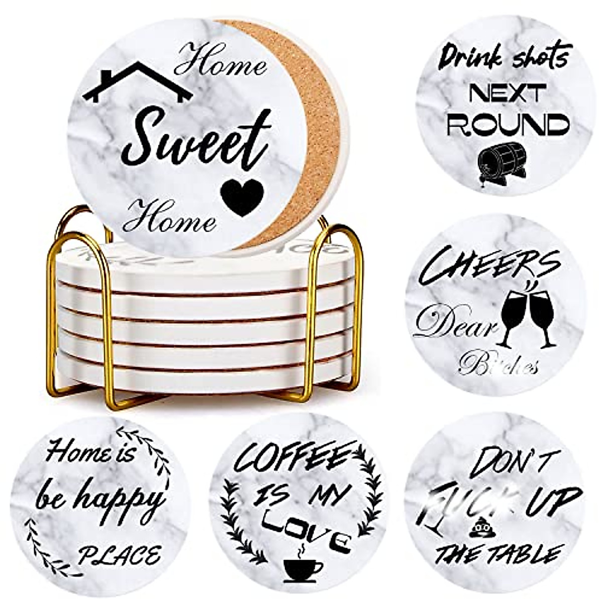 Ceramic Drink Coasters with Holder,Ycoolle Set of 6 Funny Absorbent Ceramic Cup Coasters Inspirational Housewarming Gifts for Coffee Table, Home Decor (White Marble)