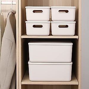 Yishyfier Plastic Storage Baskets With Lid Organizing Container Lidded Knit Storage Organizer Bins for Shelves Drawers Desktop Closet Playroom Classroom Office (M+2S, Light grey)