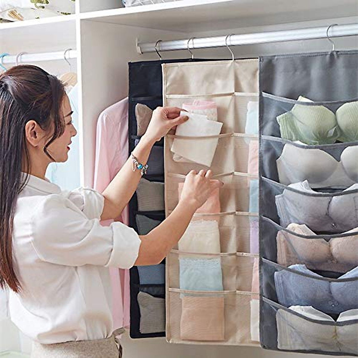 Ovyuzhen Dual-Sided Wall Closet Organizer Hanging with Mesh Pockets for Underwear,Bra,Socks,Accessories with Hanger Metal Hook Wardrobe Storage Bags Oxford Cloth Space Saver