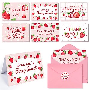 Konsait Strawberry Thank You Cards, 24 Pack Strawberry Theme Thank You Cards with Envelopes and Stickers, 6 Design Thank You Greeting Cards for Baby Shower Bridal Shower Wedding