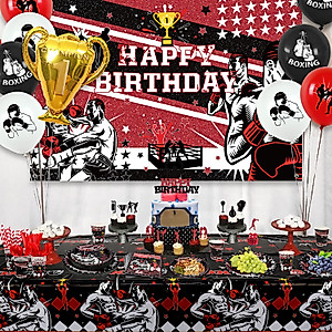KEFAN Boxing Party decorations, Boxing birthday Party Supplies Packs, Fight Sports Wrestling Party Supplies including HAPPY BIRTHDAY Banner, Plates, Balloons, Boxing Party Set Serves 20 (Banner)