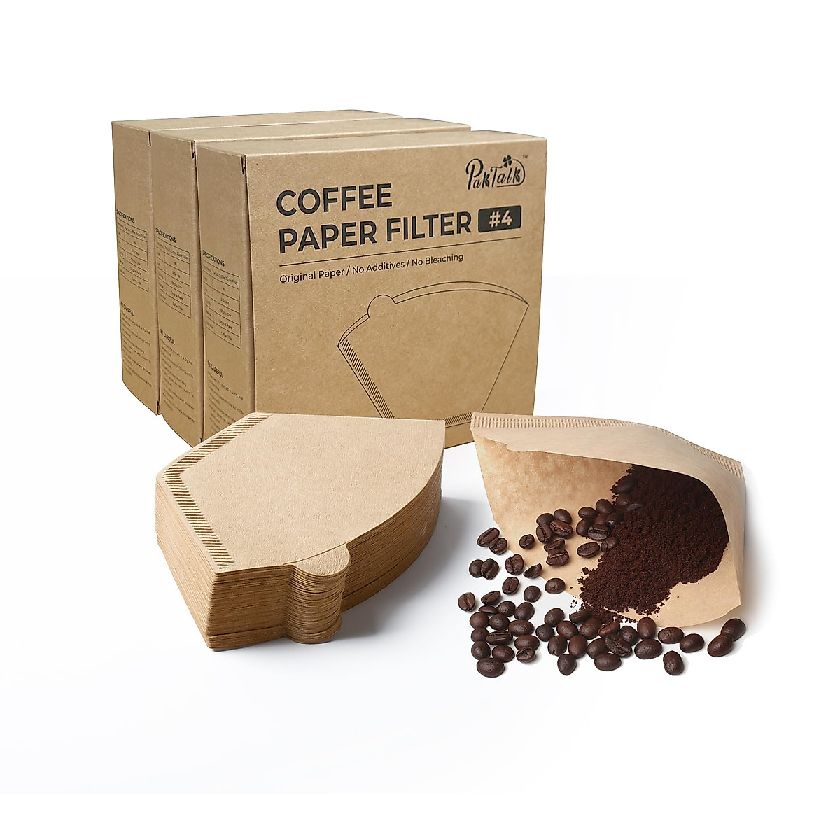 PakTalk 300 Count Cone Coffee Filters #4, Natural Brown Paper Cone Shaped Coffee Filters for Pour Over and Drip Coffee Maker (100 Count, Pack of 3)