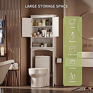 Gizoon Over The Toilet Storage Cabinet with Adjustable Shelf and Double Doors, Bathroom Space Saver Organizer Above Toilet with Open Shelf, Taller Wooden Free Standing Toilet Rack -White