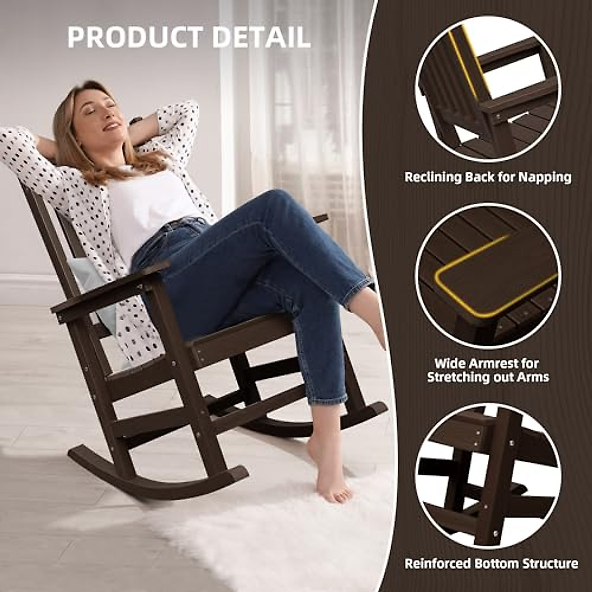 DWVO Patio Rocking Chair, All-Weather Resistant Outdoor Indoor Polyethylene Patio Rocker Chair with Cushion, Comfortable and Easy to Maintain Rocker for Balcony, Backyard and Living Room(Brown)