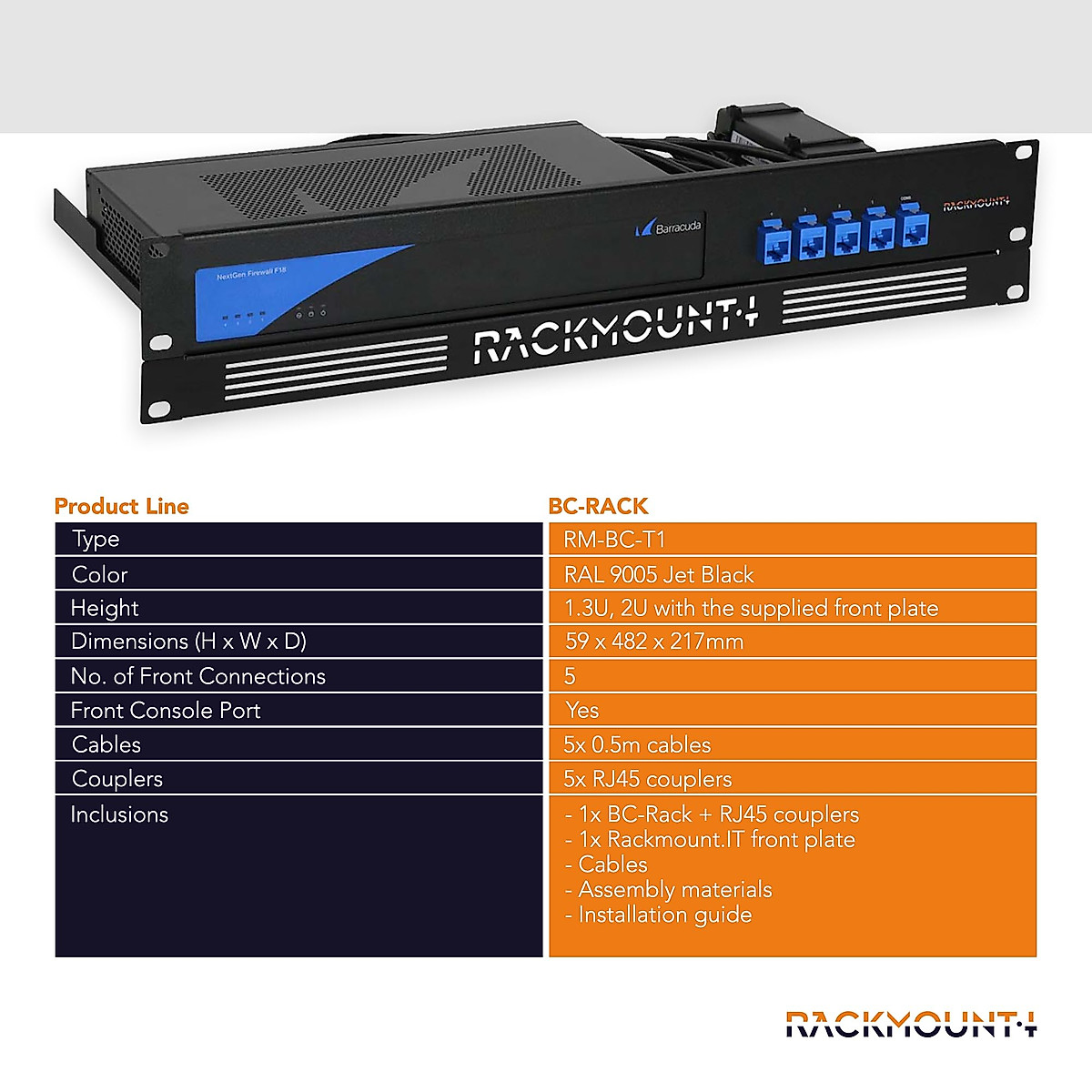 Barracuda Firewall Appliance Rack Mount - 1.3U Server Rack Shelf with Easy Access Front Network Connections, Properly Vented, Customized 19 Inch Rack - RM-BC-T1 by Rackmount.IT
