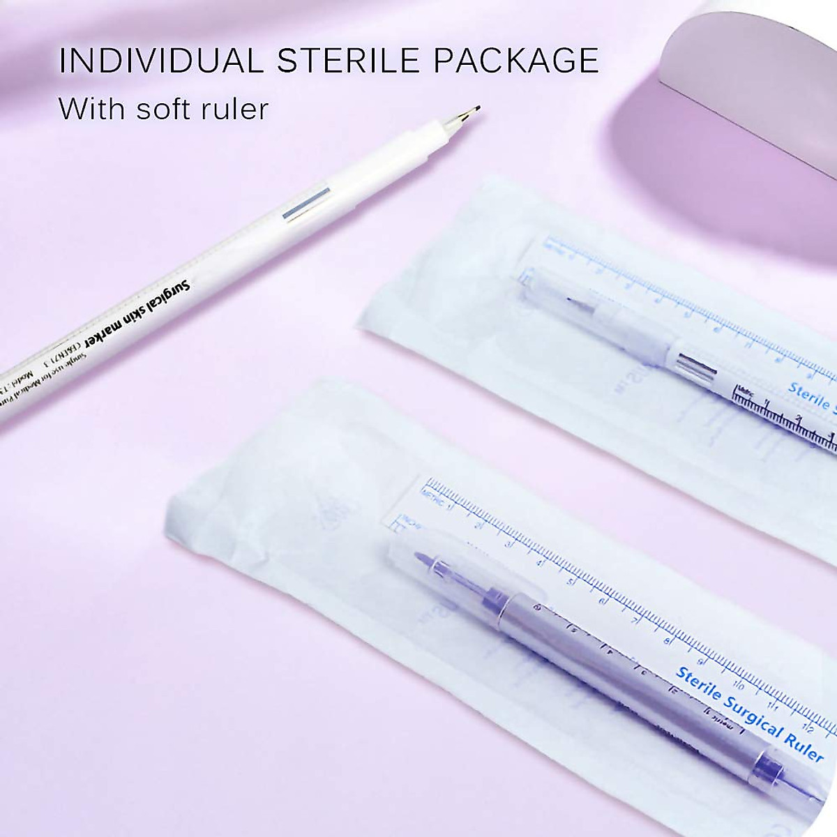 LabAider 6Pcs Professional Surgical Tip Skin Marker Pen Sterile Tattoo Stencil Markers Pen with Paper Ruler for Eyebrow, Lips - Individually Wrapped (0.5MM&1MM)