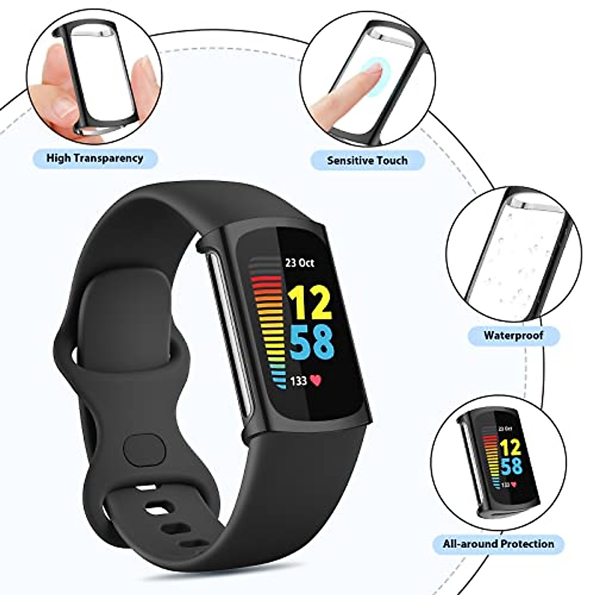 4 PACK Screen Protector Compatible with Fitbit Charge 5(NOT for Charge 4/3),TPU All-Around Protective Case Cover Rugged Bumper Shell Accessories for Charge5 Smartwatch,Black/Silver/Rose Gold/Rose Pink