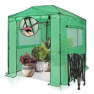 EAGLE PEAK 8x6 Portable Walk-in Greenhouse Instant Pop-up Indoor Outdoor Plant Gardening Green House Canopy, Front and Rear Roll-Up Zipper Entry Doors and 2 Large Roll-Up Side Windows, Green