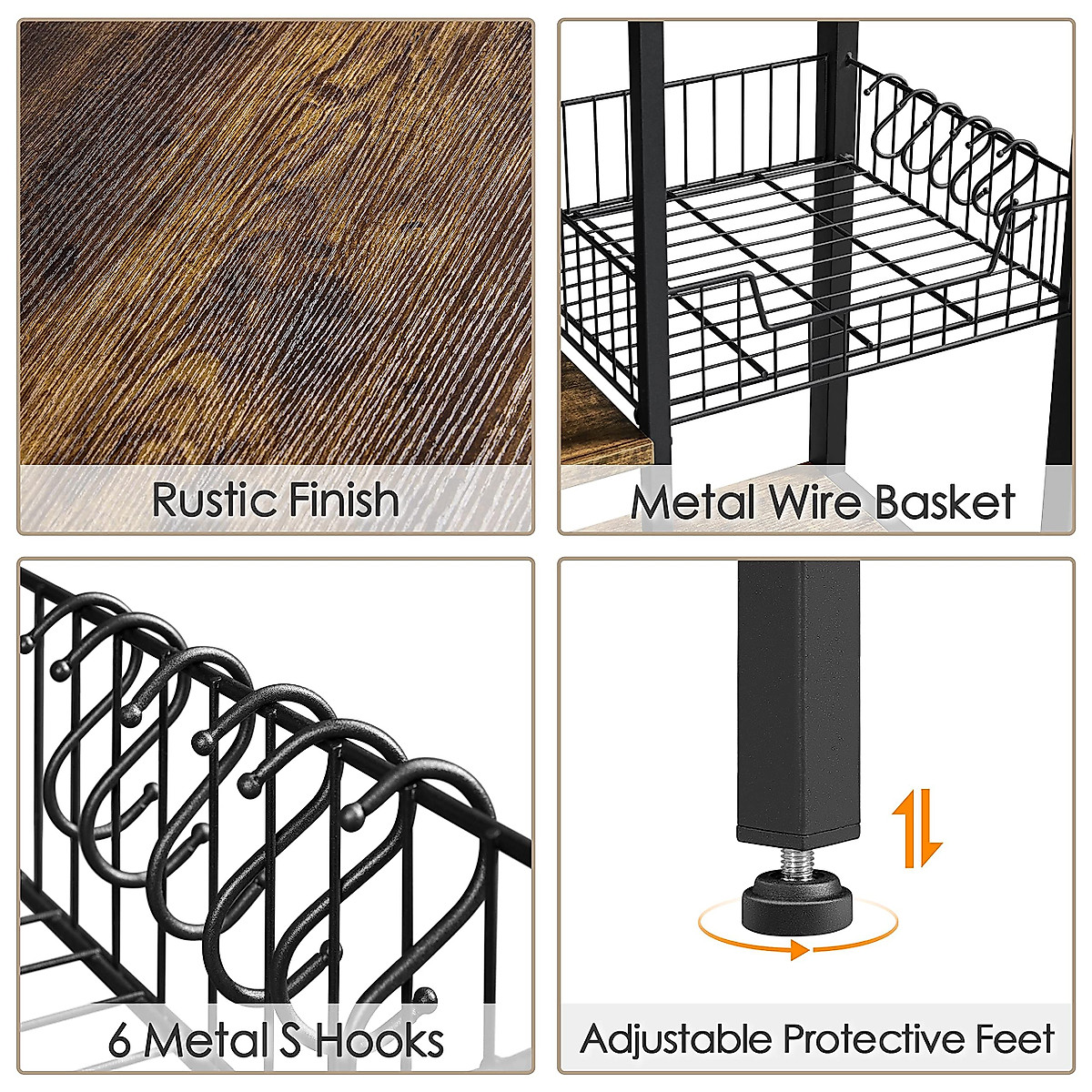 Yaheetech Bakers Rack with Power Outlet, Microwave Stand with Wire Basket & 6 S-Hooks, Coffee Bar Station w/5-Tier Storage Shelves, Storage Shelf Unit for Dinning Room/Living Room, Rustic Brown