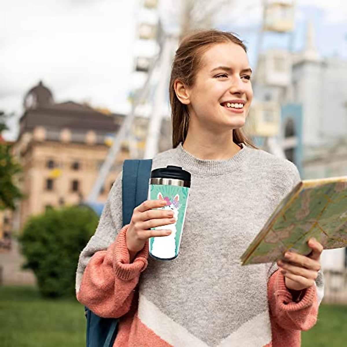 Hasdon-Hill Cute Llama Flora Travel Mug with Wrap and Black Lid, Stainless Steel Tea Cup for Women Aunt Mom Friends Birthday Gifts 12 Oz