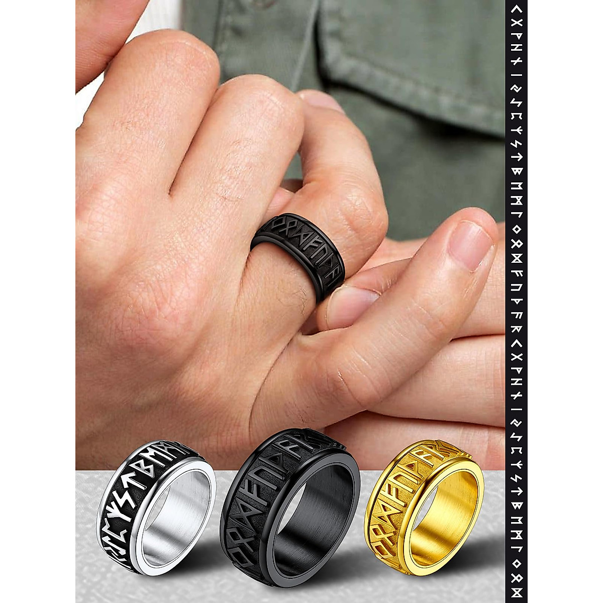 Scandinavia Viking Rune Band Thumb Rings, Black Punk Pinky Ring for Male, Women Spinner Stackable Finger Acccessories