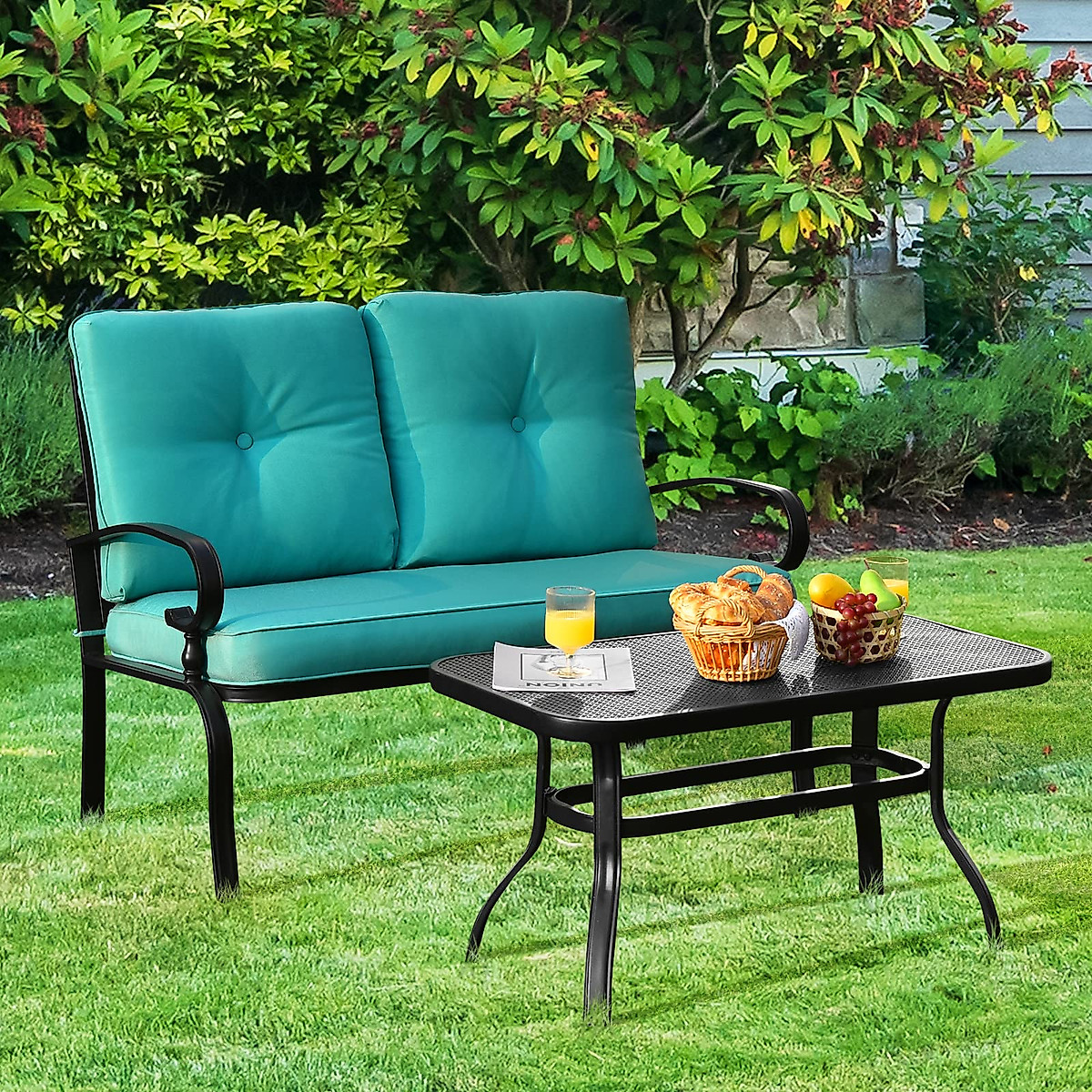 Giantex Patio Loveseat with Coffee Table Outdoor Bench with Cushion and Metal Frame, Loveseat Porch Furniture Set Sofa for Garden, Yard, Patio or Poolside