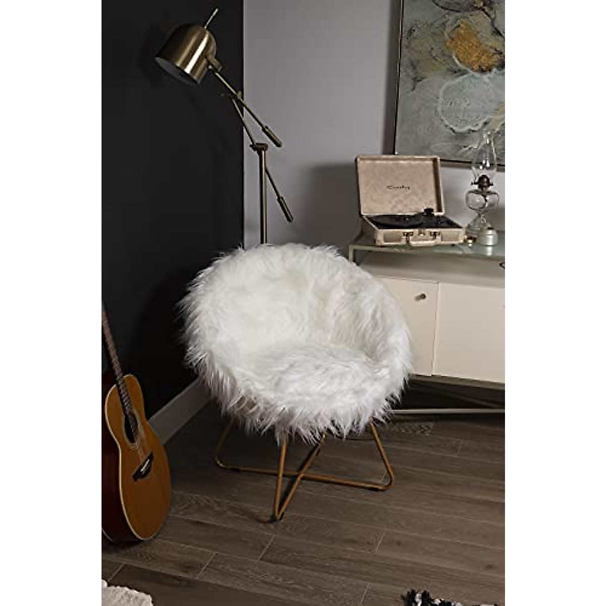 BIRDROCK HOME White Faux Fur Papasan Chair with Pale Gold Legs - Kids Bedroom Moon Chair - Comfy Wide Cushion Seat - Living Room Saucer - Metal - Fluffy Round Seat - Circle