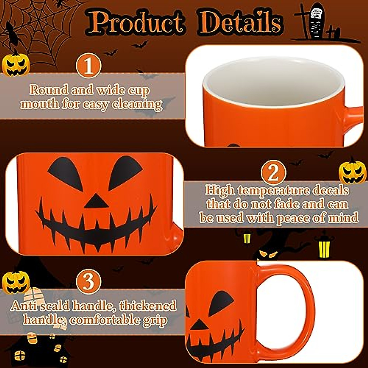 Zhehao 4 Pieces Halloween Mugs 15oz Mug Set Halloween Coffee Mugs with Handle Halloween Ceramic Matching Mugs for Home School Office Table Centerpieces Housewarming Holiday Party Gift (Scary Style)