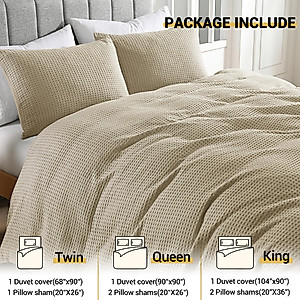 Rosecret Cotton Waffle Duvet Cover Queen, Blend Viscose Derived from Bamboo, Soft Breathable Comforter Cover with Pillow Shams for All Seasons, Khaki