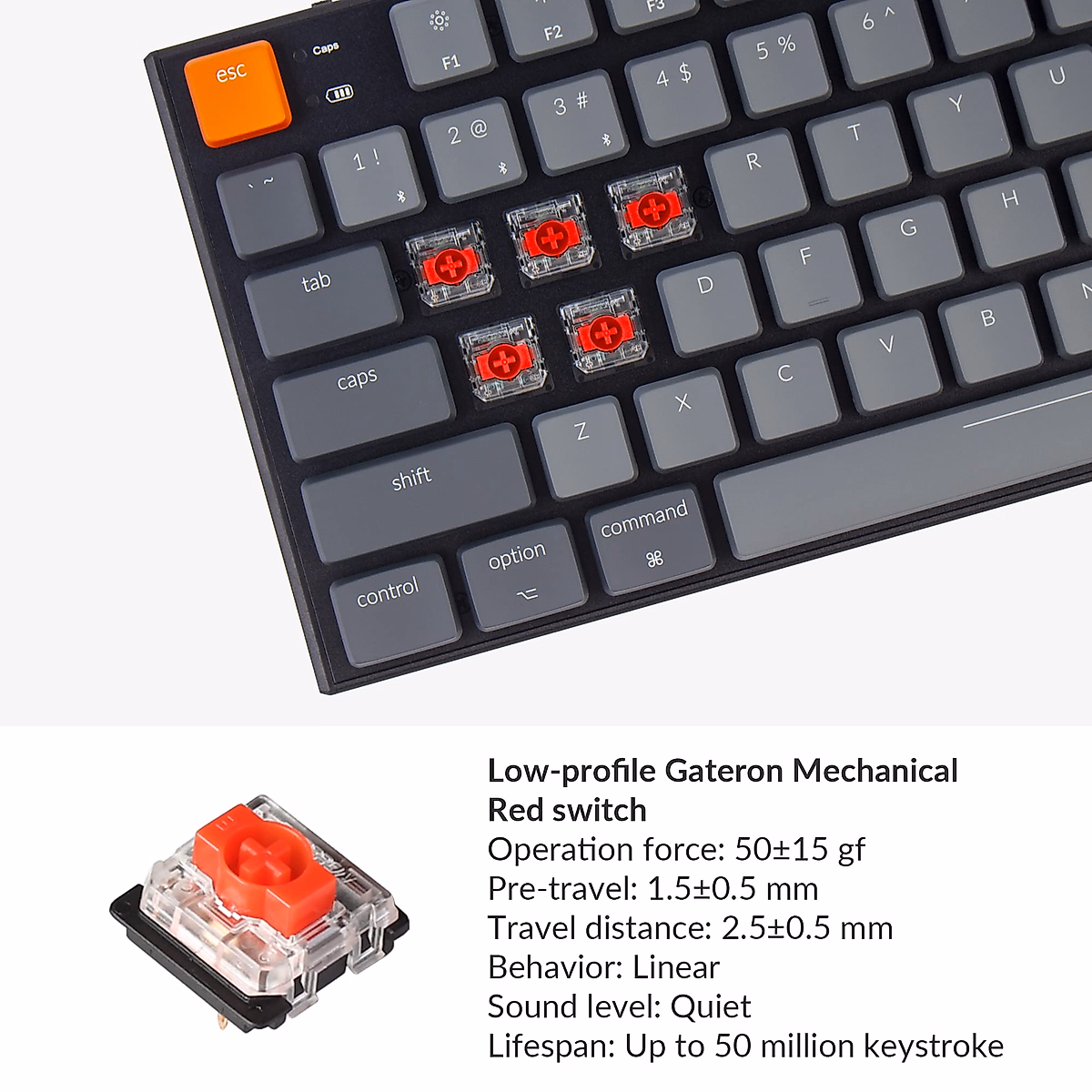 Keychron K1, Tenkeyless Layout 87 Keys Ultra-Slim Bluetooth Wireless/USB Wired Mechanical Keyboard with Low-Profile Gateron Red Switch White LED Backlight Compatible with Mac Windows-Version 5