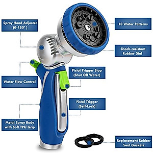 RESTMO Hose Nozzle w/ 180° Adjustable Swivel Head, High Pressure Hose Sprayer w/ 10 Spray Pattern, Self-Lock Trigger and Water Flow Control, Ideal for Outdoor Lawn & Garden Watering, Car & Pet Washing