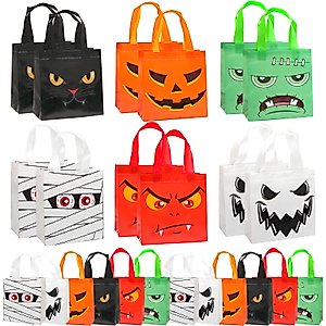 Hpscdyo 24 Pcs Halloween Treat Bags, 6 Cute Halloween Patterns Laminated Non-Woven Candy Tote Gift Bags with Handle for Kids' Halloween Trick or Treat Party Favor Supply