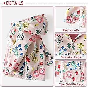 Little Girls Jackets Fleece Lined Hooded Light-Waterproof Windbreaker Trench Coat Toddler Baby Cartoon Printed Softshell Hoodies Outdoor Outwear Zip Up Dust Coat for Kids Beige Floral 4-5T