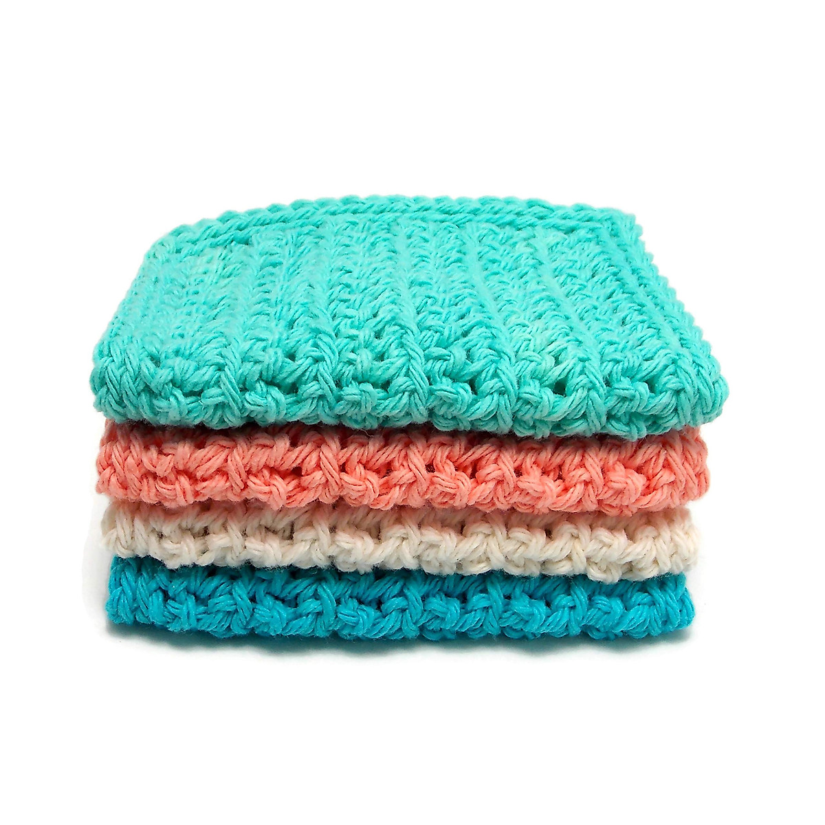 Coral and Aqua 4 inch x 7 inch Rectangular Cotton Dishcloths Set of 4 Lt. Coral Turquoise Ecru Aqua