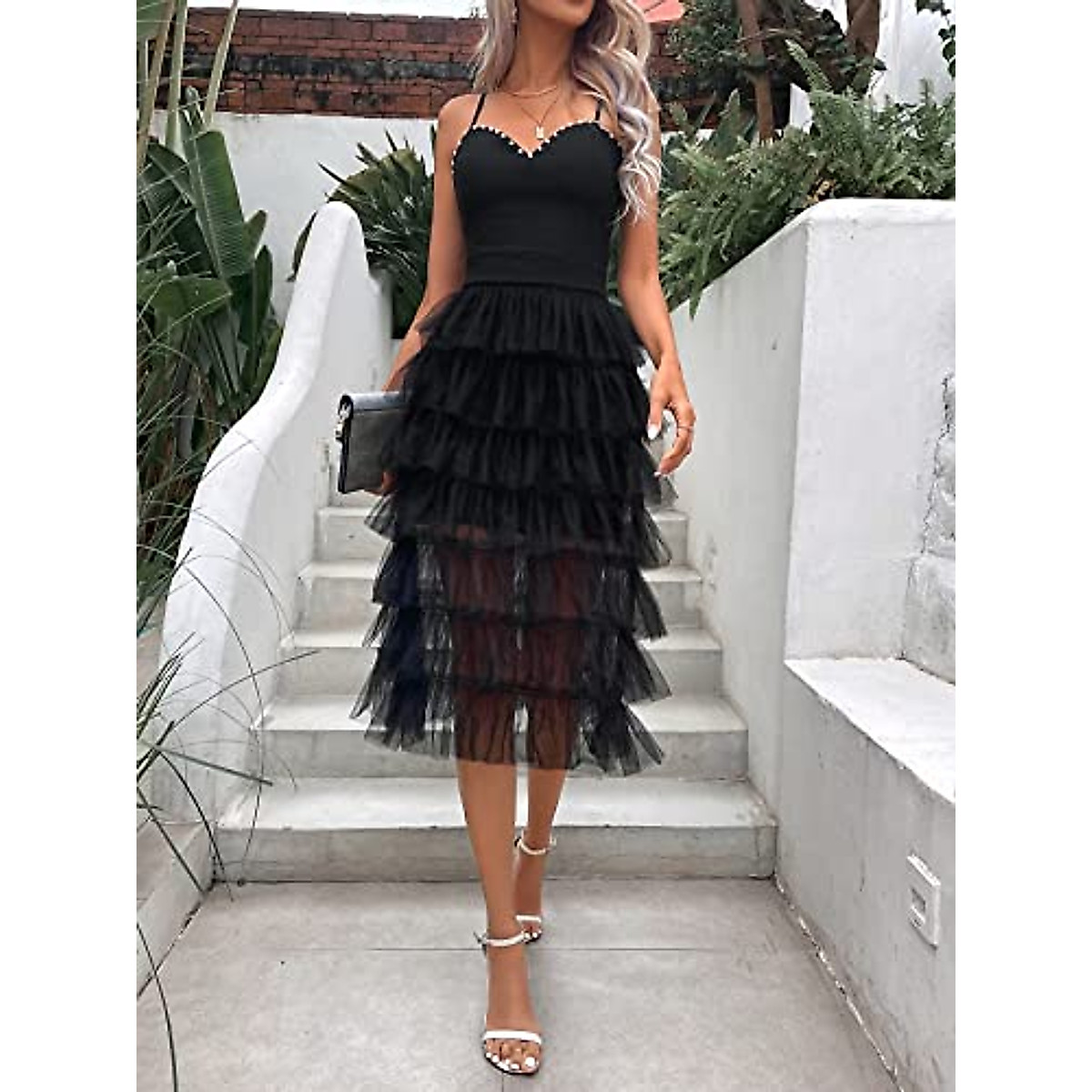 Floerns Women's Spaghetti Strap Sleeveless Ruffle Mesh Hem Midi Cami Dress Black M