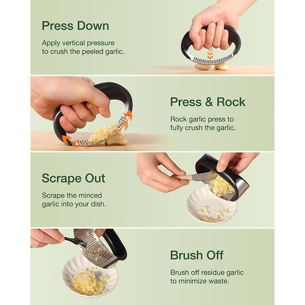 Vantic Garlic Press Rocker - Stainless Steel Garlic Mincer Garlic Crusher, New Innovative Garlic Chopper with Peeler and Scraper for Smash Garlic