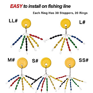 AGOOL 600pcs Rubber Fishing Bobber Stopper 20 Set 30-in-1 Float Stops Colorful Oval Fishing Bobber Space Beans for Rigging Float Positioning, Size SS,S,M,L,LL