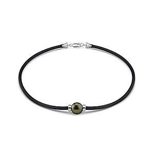 The Pearl Source Sterling Silver 11-12mm Round Genuine Black Tahitian South Sea Cultured Pearl Rubber Necklace in 16" Choker Length for Women