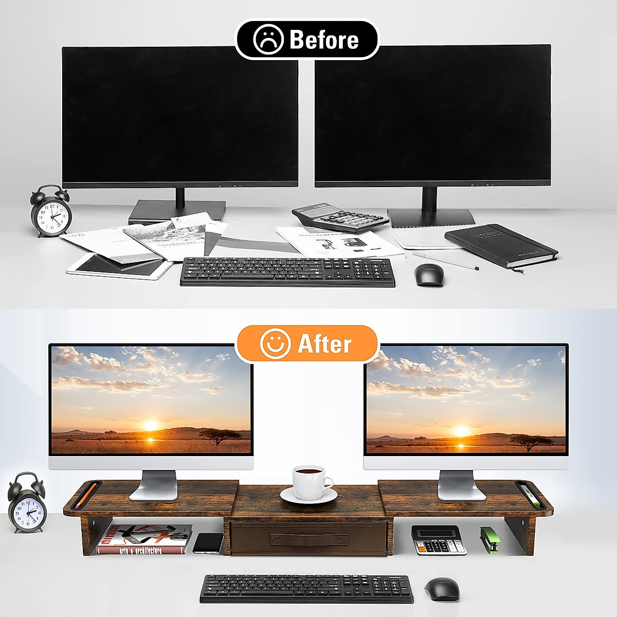 ELIVED Dual Monitor Stand Riser with Drawer-Adjustable Length and Angle, Monitor Stand Riser for 2 Monitors, Desktop Organizer Stand for Computer/Laptop/PC/Printer (Rust Brown)