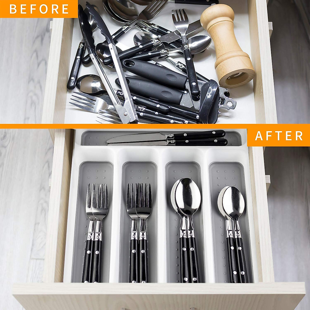 LeMuna Silverware Tray for Drawer, Plastic Cutlery Tray Kitchen Drawer Organizer, 5 Compartment Flatware Cutlery Organizer, Soft-Grip Lining and Non-Slip Rubber Feet