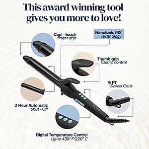 Bio Ionic Long Barrel Styler, 1.25" Curling Iron with Moisture Heat Technology & NanoIonic MX, Verstatile Curling Wand with Longer Barrel for Large Sized Soft Curls & Waves
