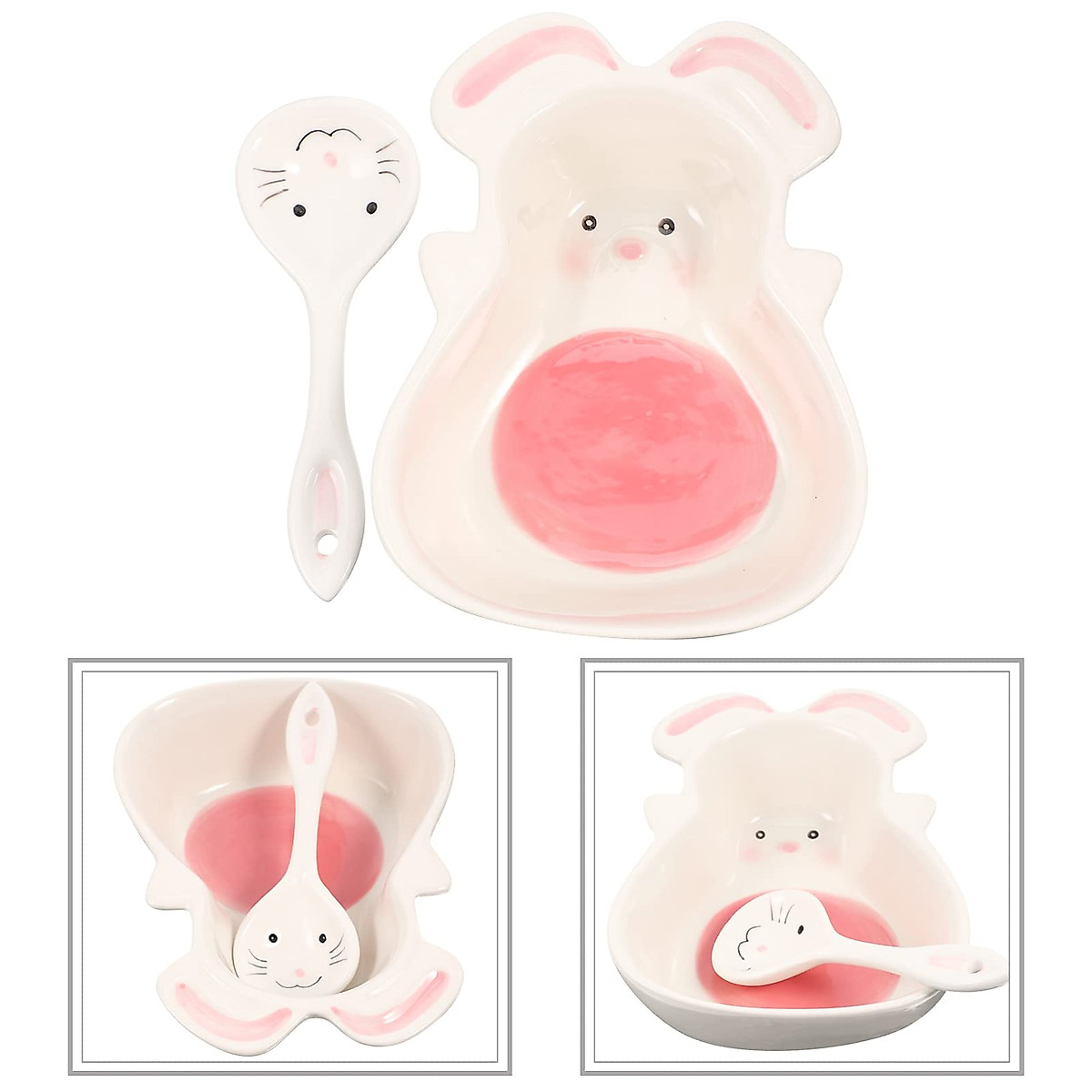 Cabilock Easter Fruit Bowl Easter Bunny Candy Bowl Rabbit Shape Ceramic Sauce Dish Dipping Bowl Snack Appetizer Salad Serving Plate Nut Side Dish With Spoon for Spring Table Decor