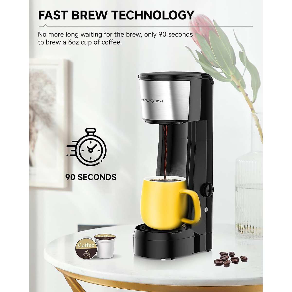 Vimukun Single Serve Coffee Maker Coffee Brewer Compatible with K-Cup Single Cup Capsule, Single Cup Coffee Makers Brewer with 6 to 14oz Reservoir, Tall Size KCM010A (Black)