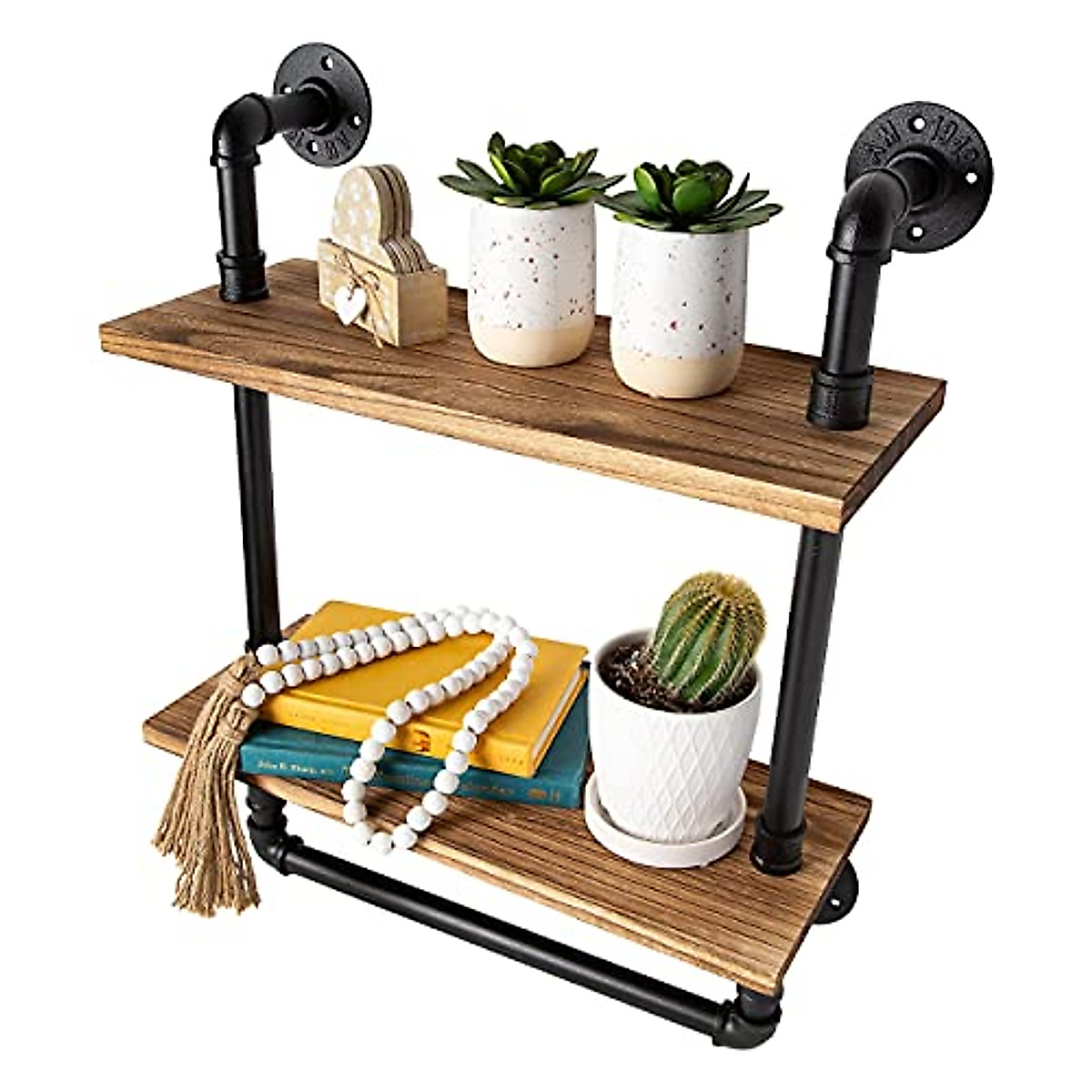 Industrial Bathroom Shelf w/Pipe Towel Bar – Farmhouse Towel Rack Made of Paulownia Wood and Cast Iron, Pipe Rack in Black Matte – Wall Mount Hand Towel Holder for Rustic Décor w/ 2-Tier Shelf