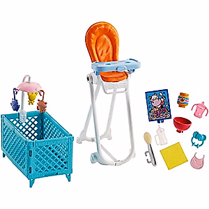 Barbie Babysitting Playset with Skipper Friend Doll, Color-Change Baby Doll, High Chair, Crib and Themed Accessories for 3 to 7 Year Olds