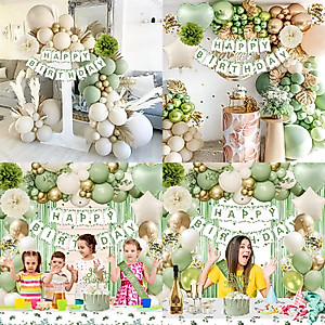 Sage Green Birthday Decorations, Green Gold Balloons Birthday Party Decorations Happy Birthday Banner Green Fringe Curtain Tablecloth Birthday Crown Sash Paper Pom Poms for Girls Women Birthday Decor